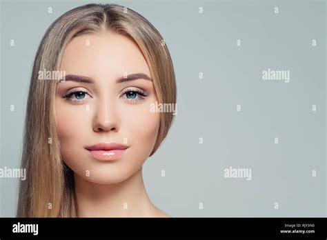 Beautiful Woman Face Closeup Perfect Blonde Girl With Long Healthy