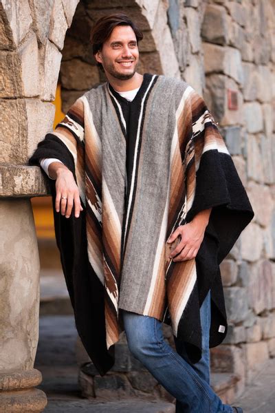 Unique Peruvian Alpaca Wool Mens Poncho Hualhuas Night Novica