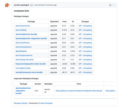 update review private packagist