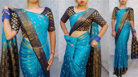 Heavy Stone Border Saree Draping Perfectly Shoulder Pleats Making Trick