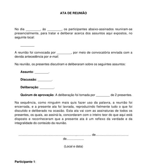 Ata De Reunião Modelo Exemplo Online Word E Pdf