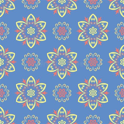Floral Seamless Pattern Red And Yellow Flower Elements On Blue