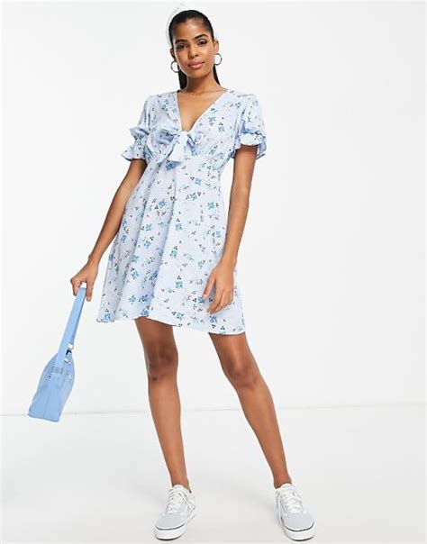 Influence Front Tie Dress In Blue Ditsy Floral Asos