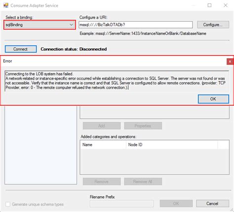 wcf sql adapter connecting to the lob system has failed a network