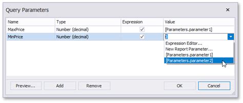 passing parameter values to a data source query reporting