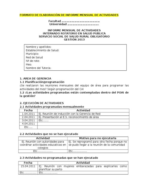 Formato Informe Mensual De Actividades Doc Planificación Bienestar