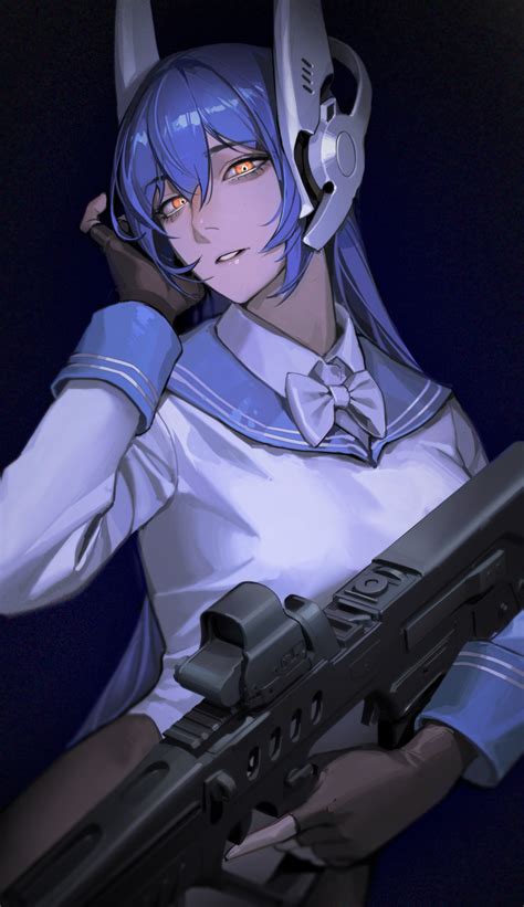 The Big Imageboard Tbib Absurdres Assault Rifle Blue Hair Blue