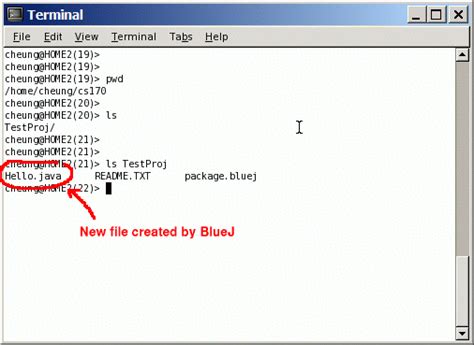 to see that bluej has created a file we list the content