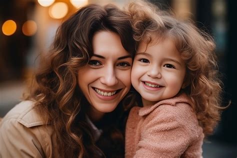 Premium Ai Image Generative Ai Portrait Smiling Loving Mother Hugging