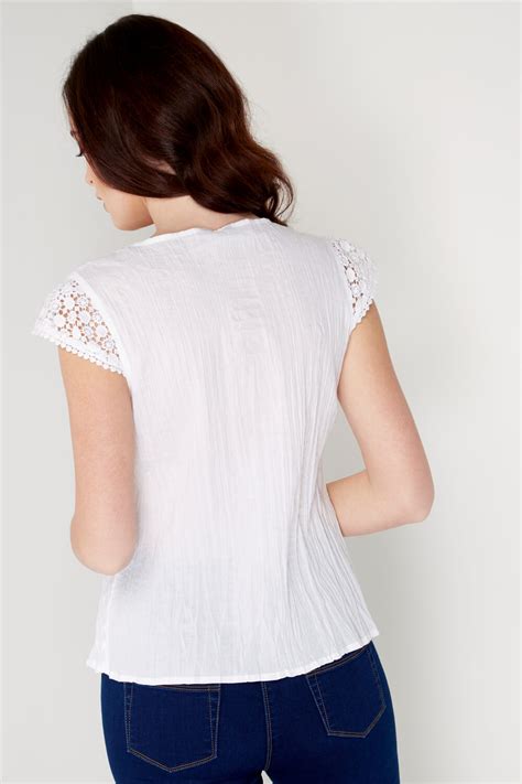 Cotton Lace Crinkle Blouse In White Roman Originals Uk