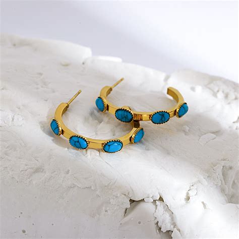 Aensoa Bohemia Gold Color Natural Blue Stone Hoop Earrings For Women