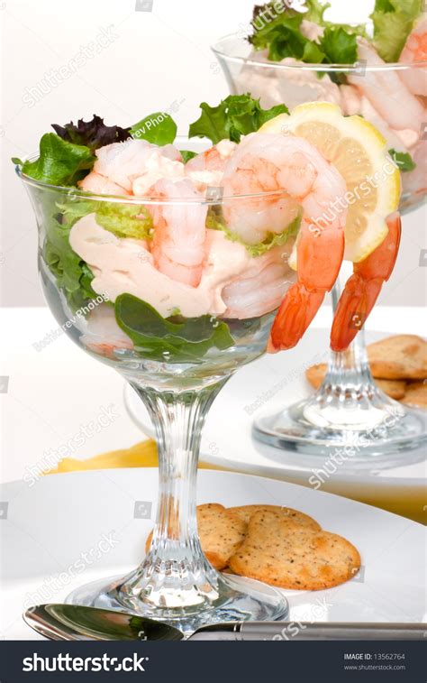 Delicious Prawn Cocktail Fresh Jumbo Shrimps Cream Lettuce Leaves