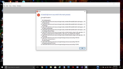 a javascript error occurred in the main process support