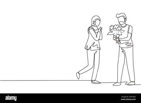 Continuous One Line Drawing Arabian Man Making Proposal Marriage To