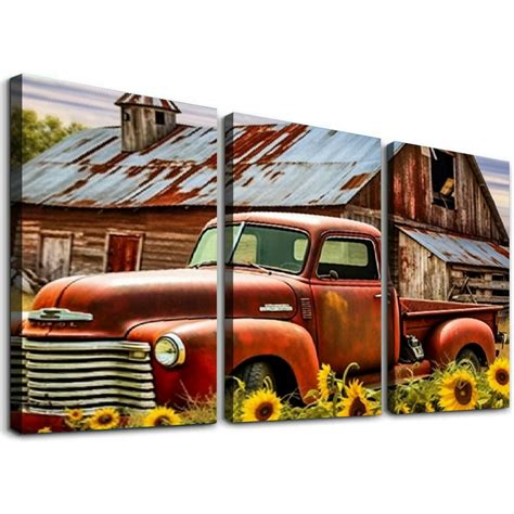 Onetech Rustic Farmhouse Canvas Wall Art Old Car And Cattle With Barn