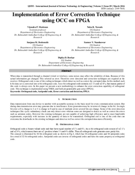 pdf implementation of error correction technique using occ on fpga