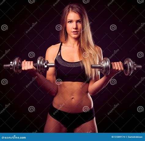 Attractive Young Woman Working Out With Dumbbells Bikini Fitness Girl