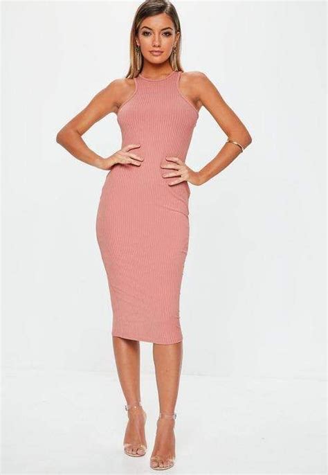 Missguided Rose Pink Ribbed Racer Neck Bodycon Midi Dress Midi Dress