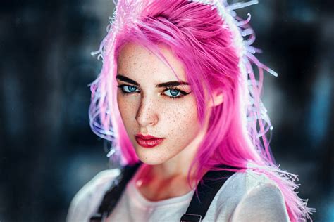 Wallpaper Women Blue Eyes Pink Hair Freckles Eyeliner Gustavo
