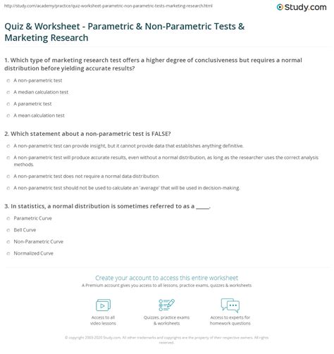 quiz and worksheet parametric and non parametric tests and marketing