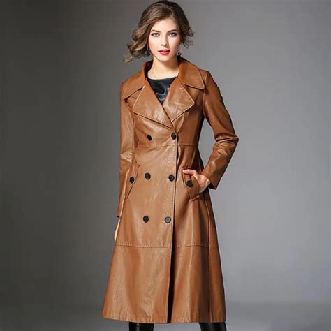 Women Black Long Pu Leather Trench 2018 Autumn Winter Female Turn Down