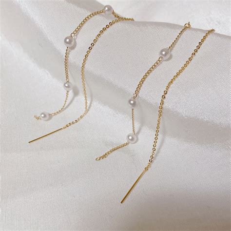 Long Pearl Drop Earrings Pearl Chain Dangle Dainty Pearl Etsy