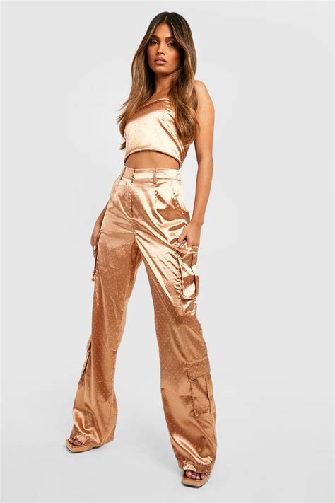 Diamante Satin Wide Leg Cargo Pants Boohoo