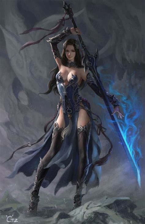 Blue Armored Female With Greatsword Guerrera De Fantasía