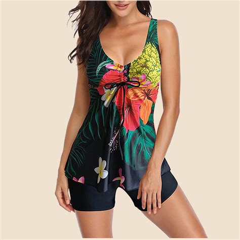 Tianek Ladies Swimwear 2 Piece Modest Tankini Floral Print Hawaiian