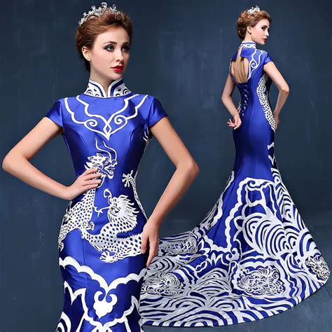 Buy Luxury Royal Blue Backless Cheongsam Qipao Dresses