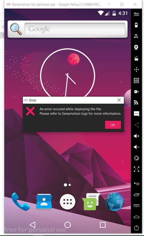 android andriod genymotion error appears on apk execution stack