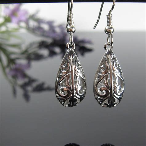 Silver Filigree Teardrop Earrings Nickel Free Earrings Surgical Steel