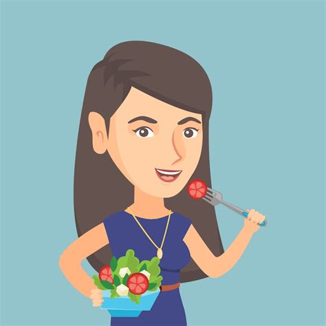 Premium Vector Caucasian Woman Eating Healthy Vegetable Salad