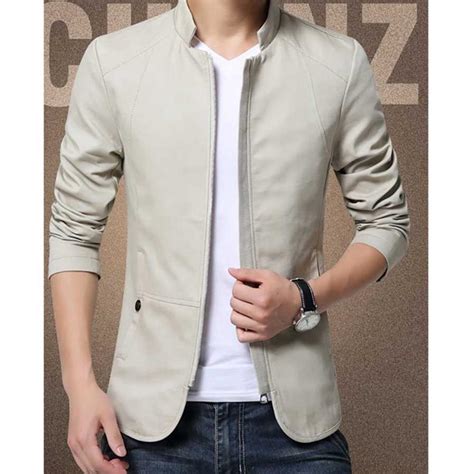 Mens Stand Collar Slim Fit Zipper Jacket Beige