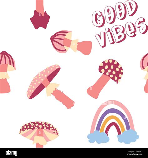 Magic Psychedelic Drug Mushrooms Chamomile Rainbow Seamless Pattern