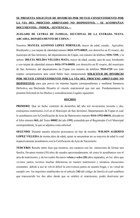 Divorcio Por Mutuo Melida Y Manuel Se Presenta Solicitud De Divorcio