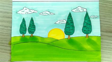 رسم رسم منظر طبيعي مع اشجار سهلة جدا رسم مناظر طبيعية بالالوان