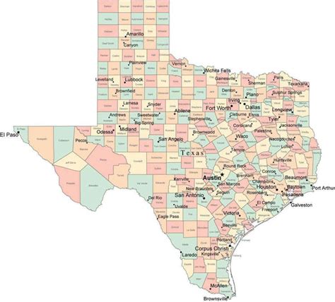 Multi Color Texas Map With Counties Capitals And Major Cities – Map