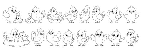 Vetores De Grande Conjunto De Galinhas Da Família Em Lineart Galinhas