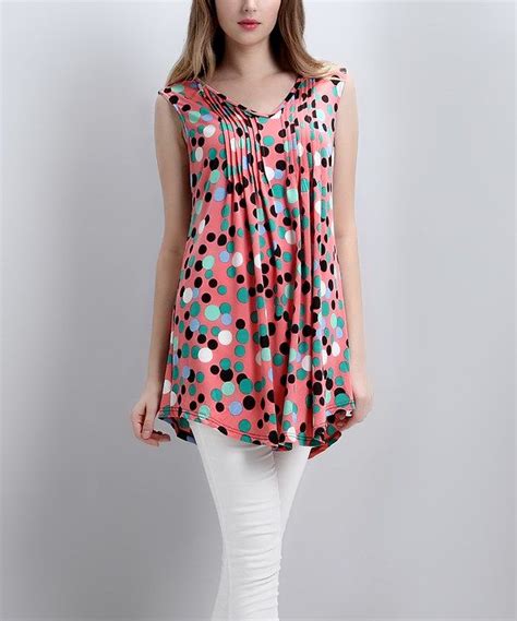 Salmon Polka Dot Pin Tuck Sleeveless Tunic Womens Tunics Sleeveless