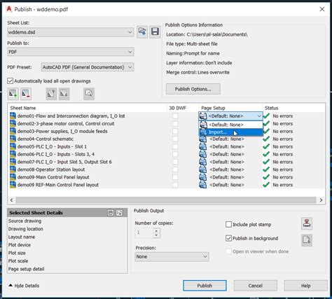 publish to pdf dwf dialog cannot import layout from drawings in autocad