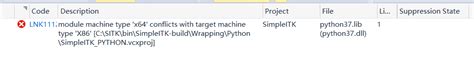 lnk111 module machine type x64 conflicts with target machine type