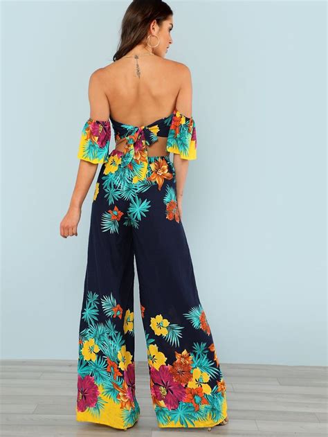 Shein Flounce Layered Knotted Back Flare Hem Jumpsuit Jumpsuit