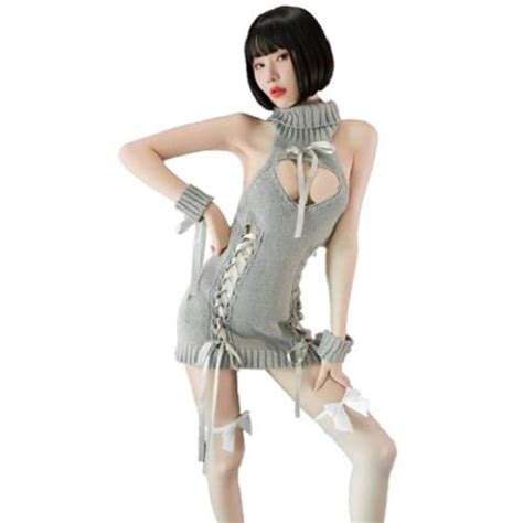 【bi 10163】童貞を殺すセーター コスプレ セクシー ニットワンピース 胸空き バックレス レディース 可愛い ハイネック ストッキング