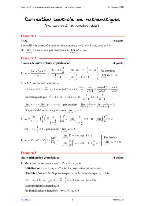 Raisonnement Par Récurrence Limites De Suites Corrigé Devoir 6