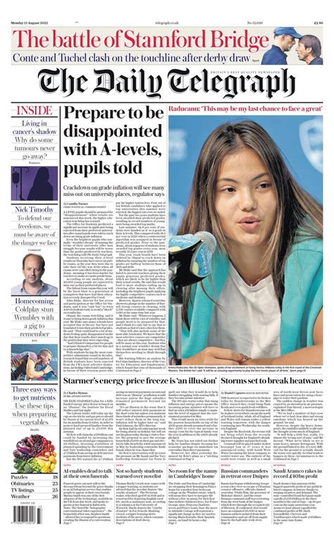 Daily Telegraph Front Page 15th Of August 2022 Tomorrows Papers Today