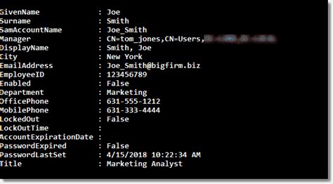 powershell script to display information about active directory users