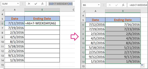 how to calculate the week ending date in excel using the weekday