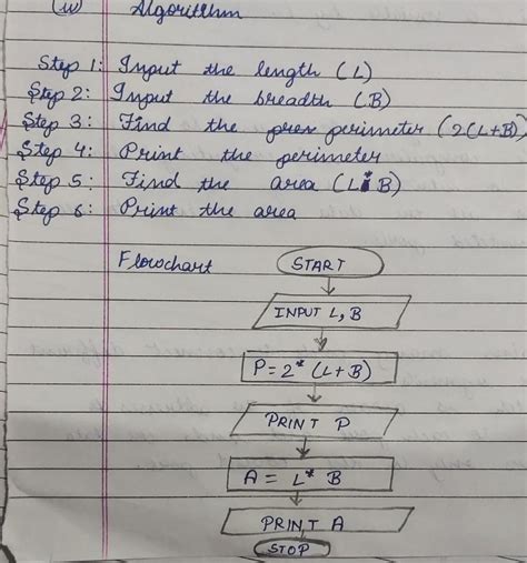 draw a flowchart to find the perimeter and area of rectangle and also
