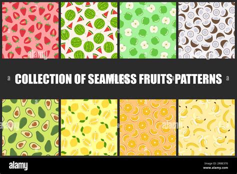 Collection Of Bright Seamless Fruits Patterns Hand Drawn Cartoon